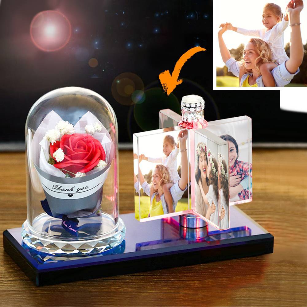 Custom Rotating Windmill Light Crystal Photo Frame with Romantic Rose ...