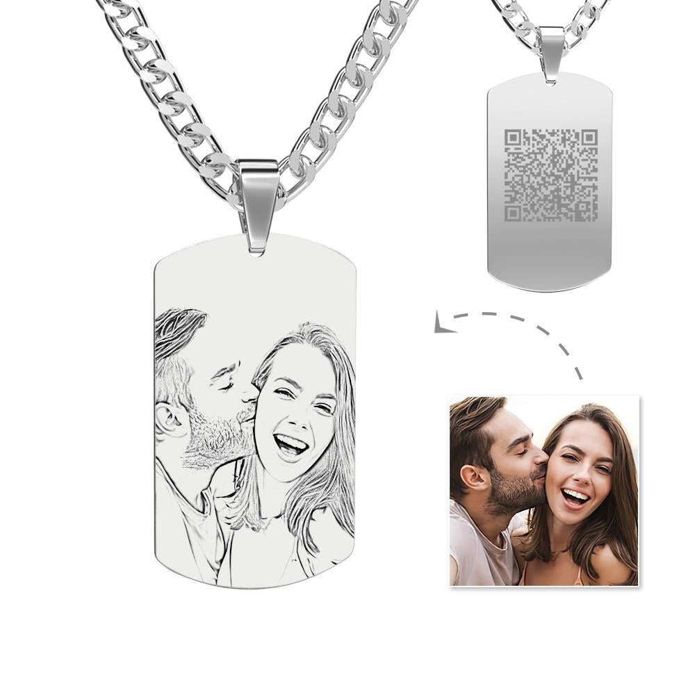 Personalized Men's Photo Necklace Engraved QR Code Necklace - MadeMine ...