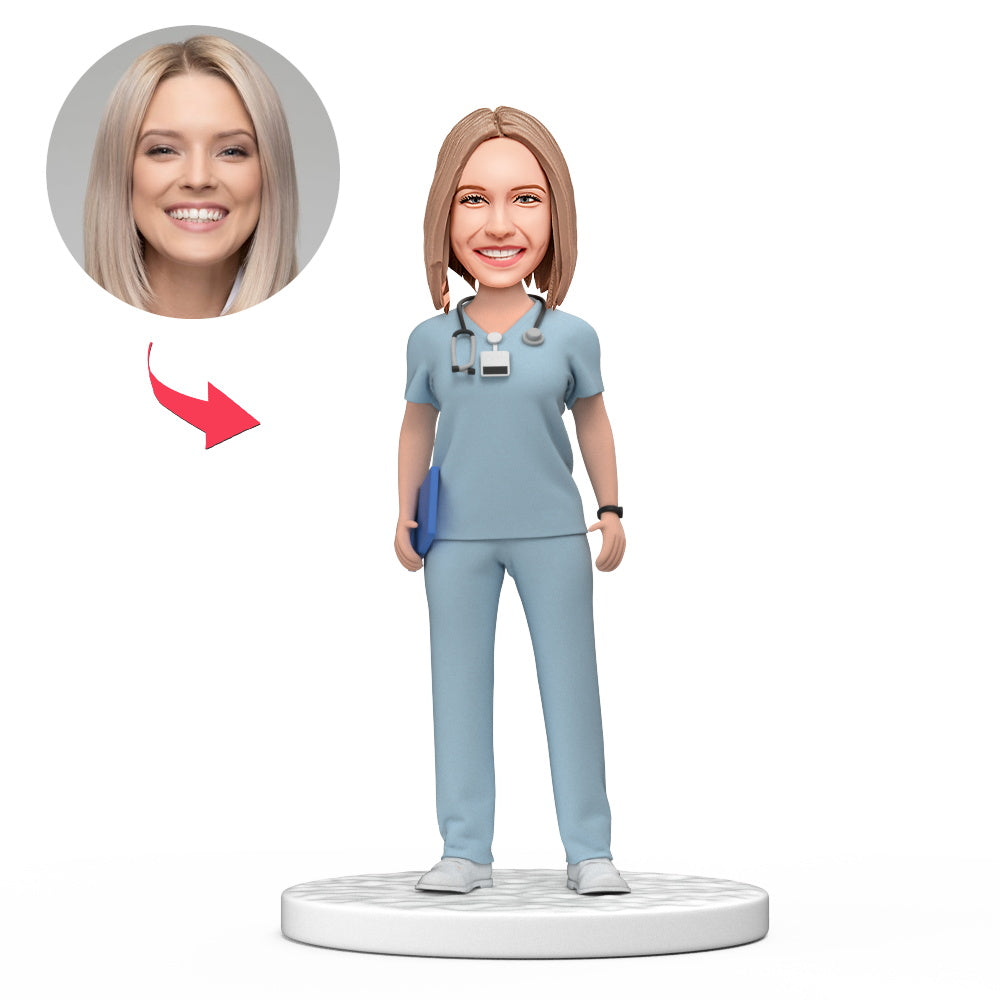 Custom Female Doctor Bobblehead in Light Blue Scrubs with Engraved Text ...