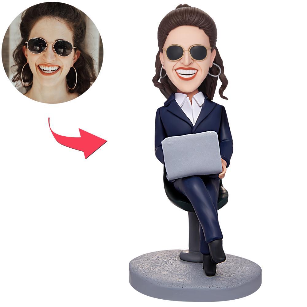 Female Boss Working With Laptopt Custom Engraved Text Bobbleheads ...