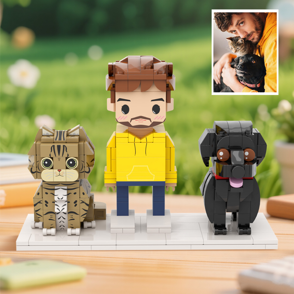 Custom Full-Body Cute Brick Figures of 1 Person, Cat & Dog Personalized ...