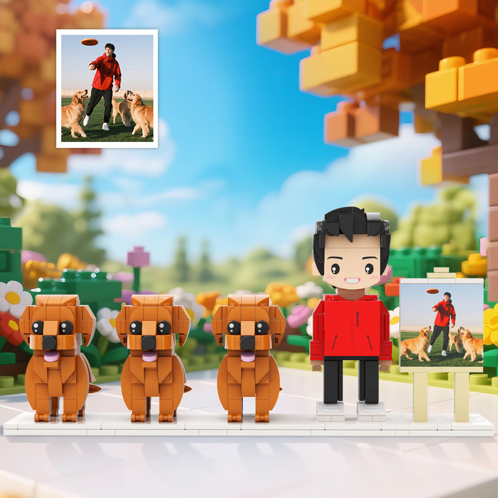 Custom Full-Body Cute Brick Figures of 1 Person and 3 Dogs with Frame ...