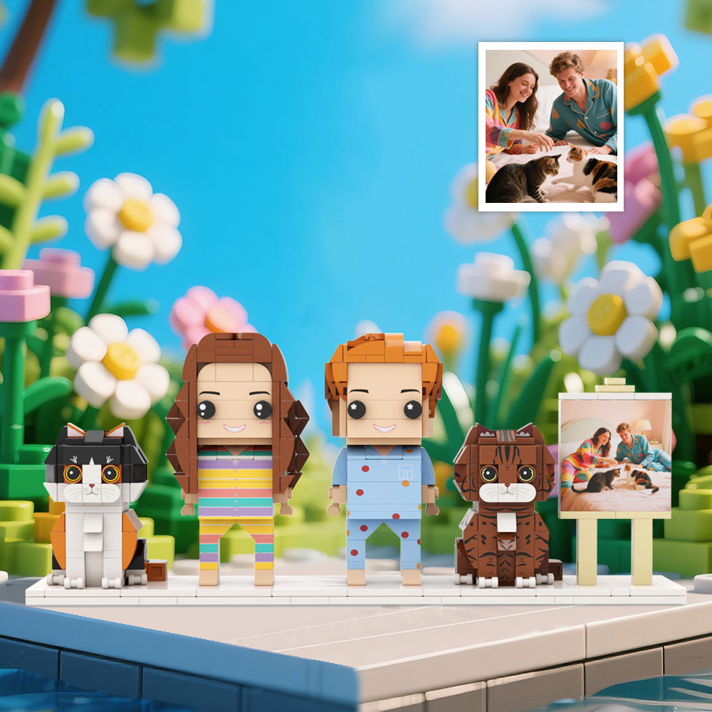 Custom Full-Body Brick Figures of 2 People and 2 Cats with Frame ...