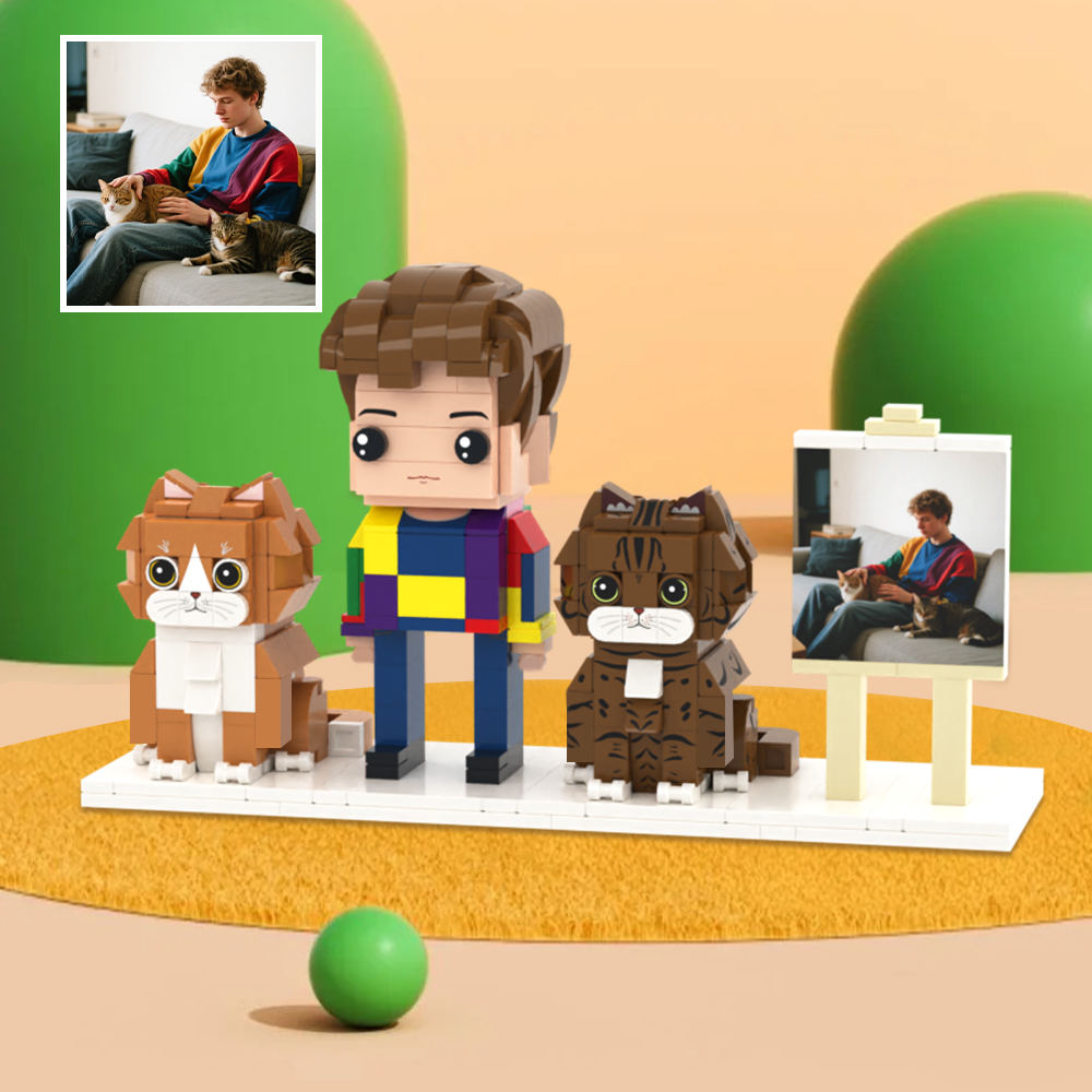 Custom Full-Body Brick Figures of 1 Person and 2 Cats with Frame ...