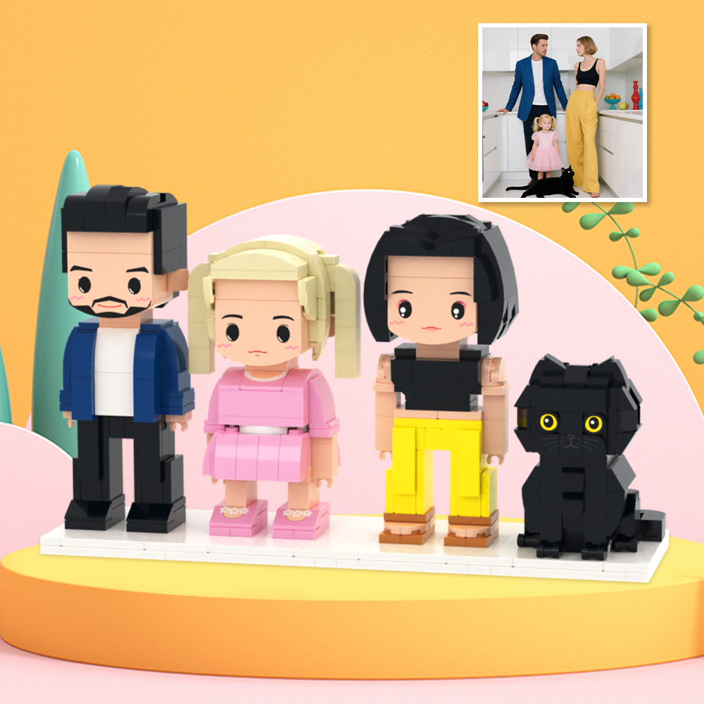 Custom Full-Body Cute Brick Figures of 3 People and 1 Cat Personalized ...
