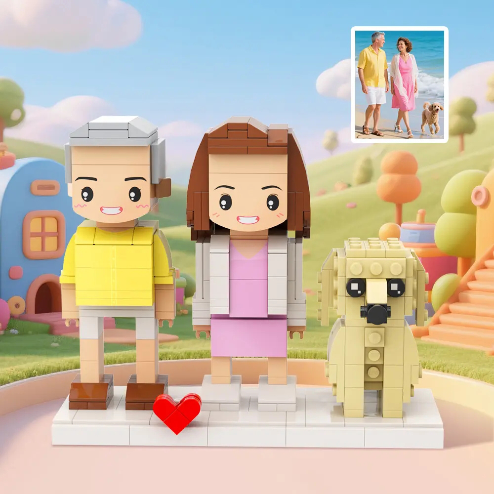 Custom Full-Body Cute Brick Figures of 2 People and 1 Dog Personalized ...