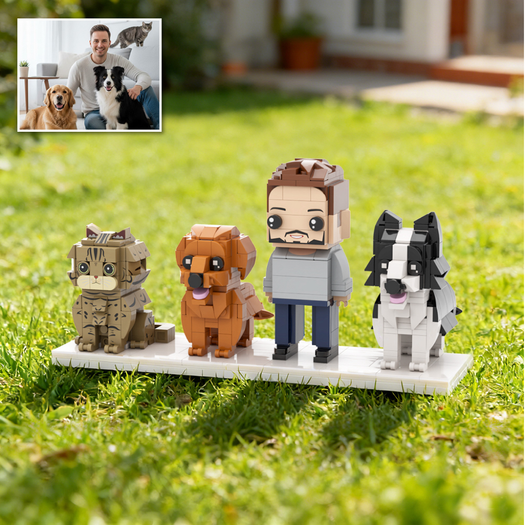 Custom Full-Body Brick Figures of 1 Person, 2 Dogs & 1 Cat Personalized ...