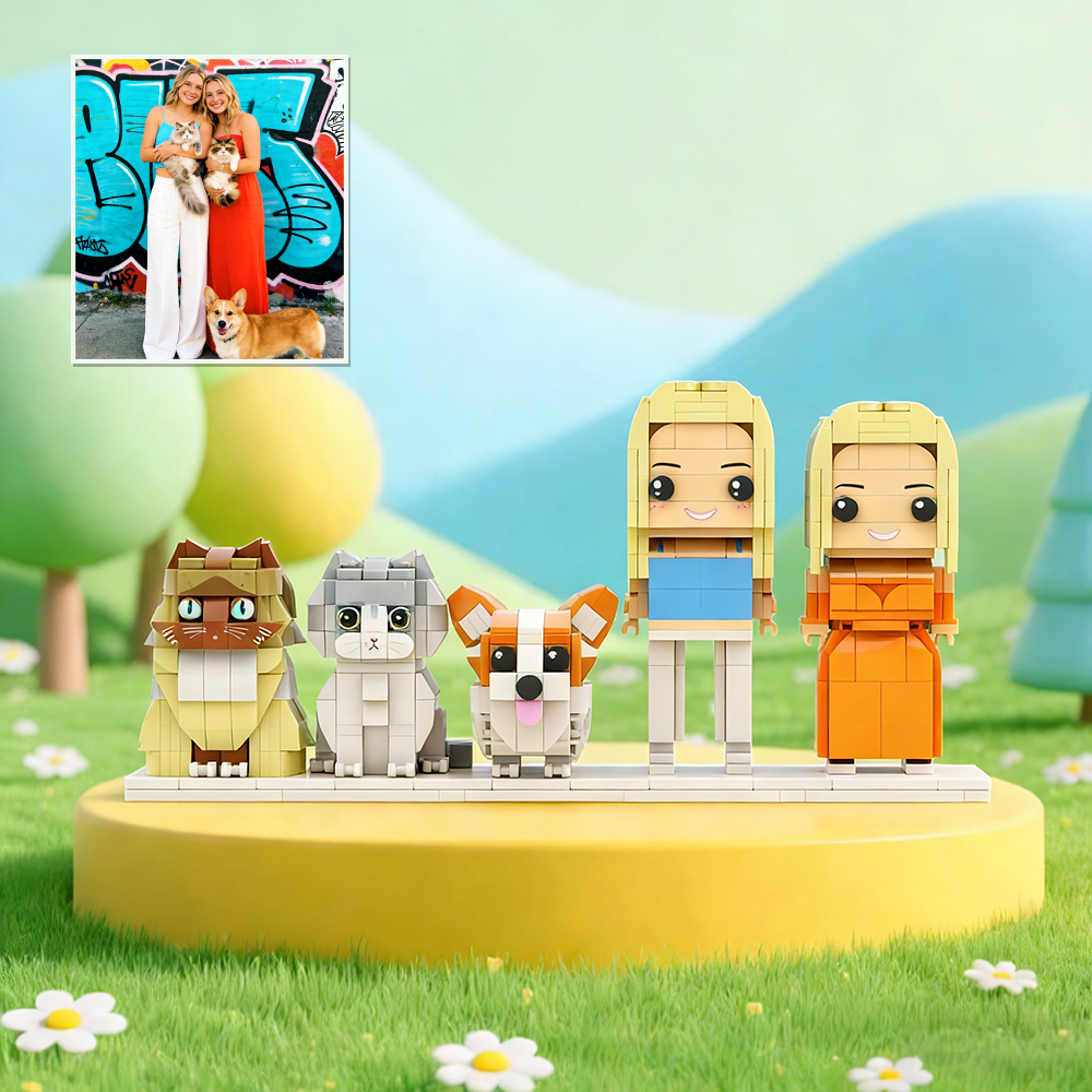 Custom Full-Body Brick Figures of 2 People, 1 Dog & 2 Cats Personalized ...