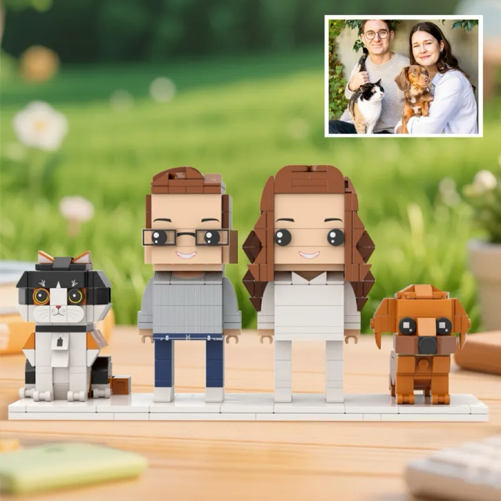 Custom Full-Body Brick Figures of 2 People with Cute Dog and Cat ...