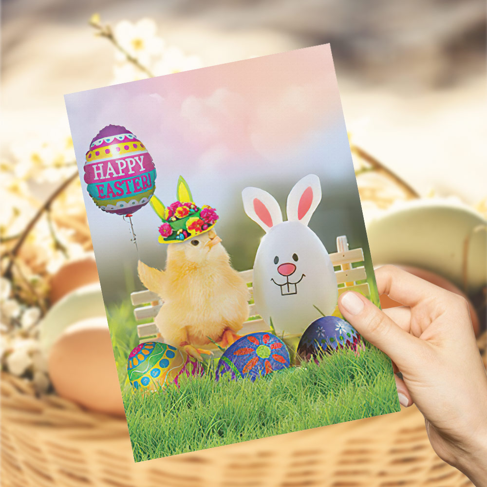 Happy Easter Greeting Card – Chick with Balloon, Bunny and Eggs Design ...