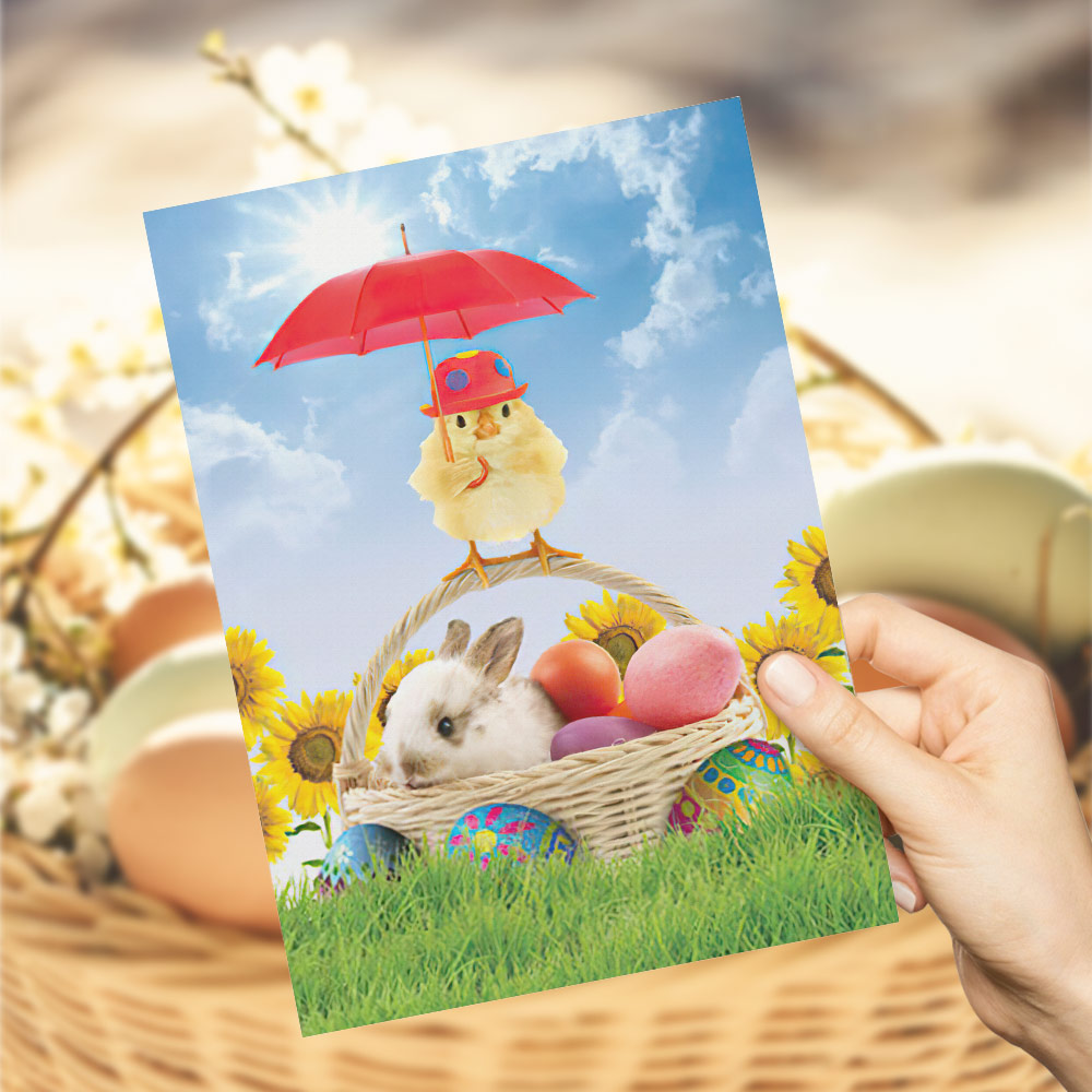 Easter Theme Greeting Card with Umbrella Chick, Bunny and Easter Eggs ...