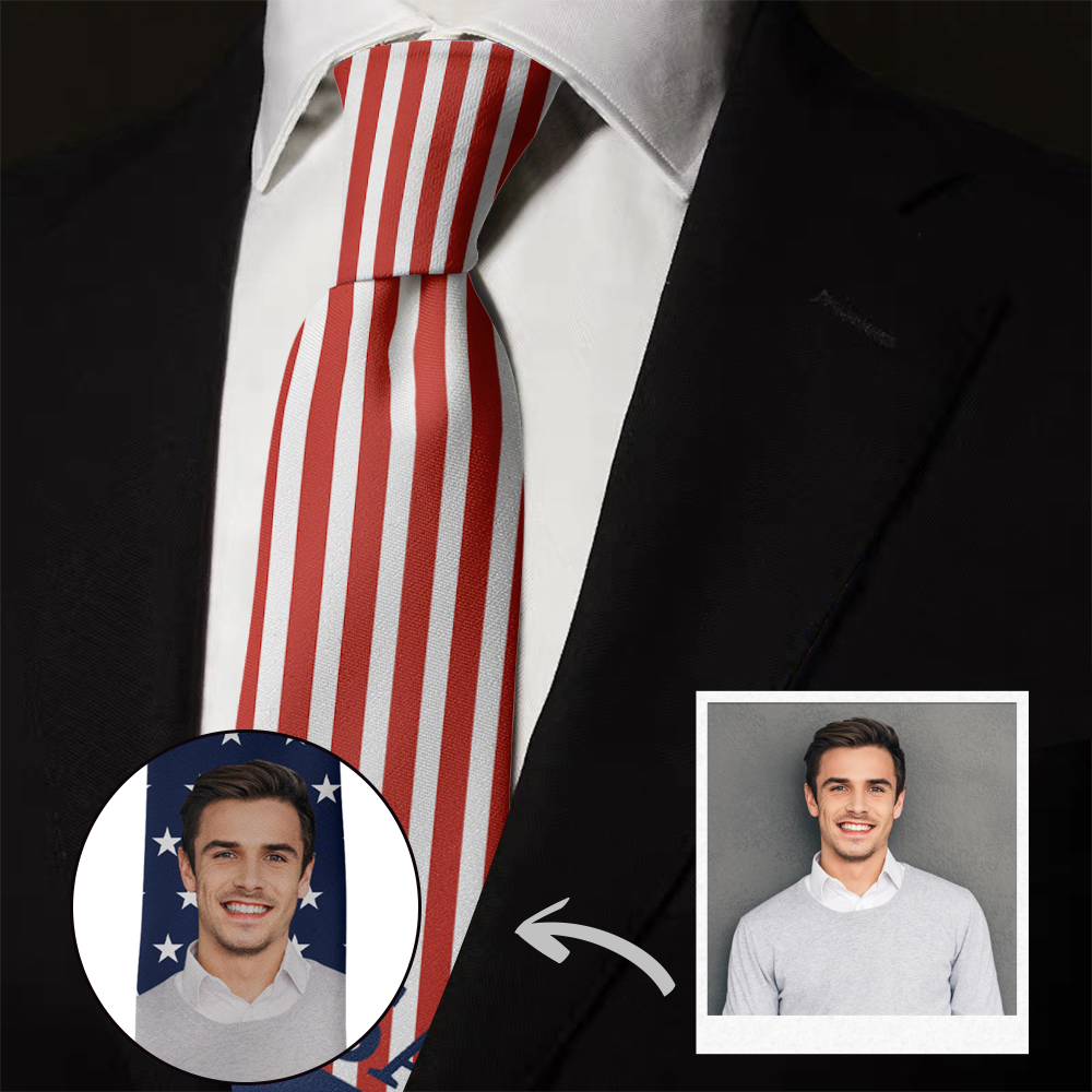 Custom Face Ties Personalized Neckties with Red Stripes Independence Day Gift 4th of July Gift ...