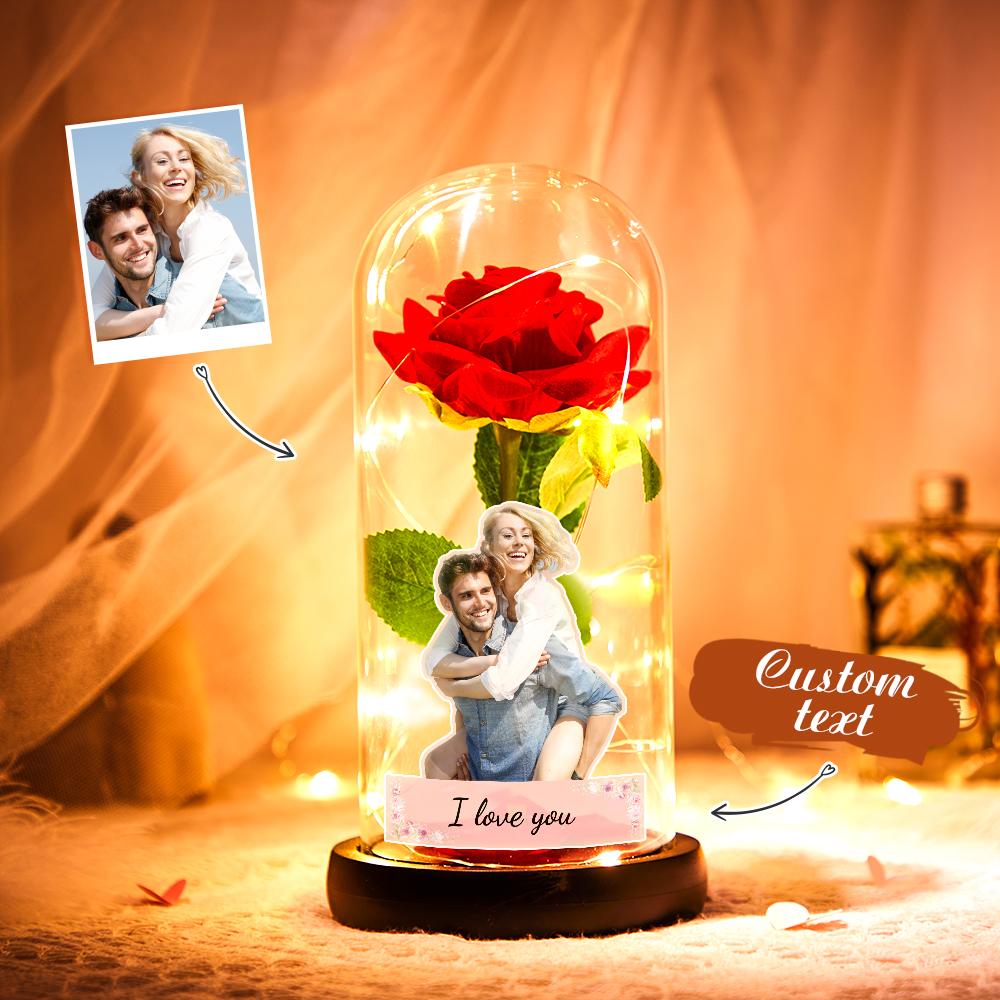 Custom Photo Text Eternal Rose Flower Glass Cover LED Night Light ...