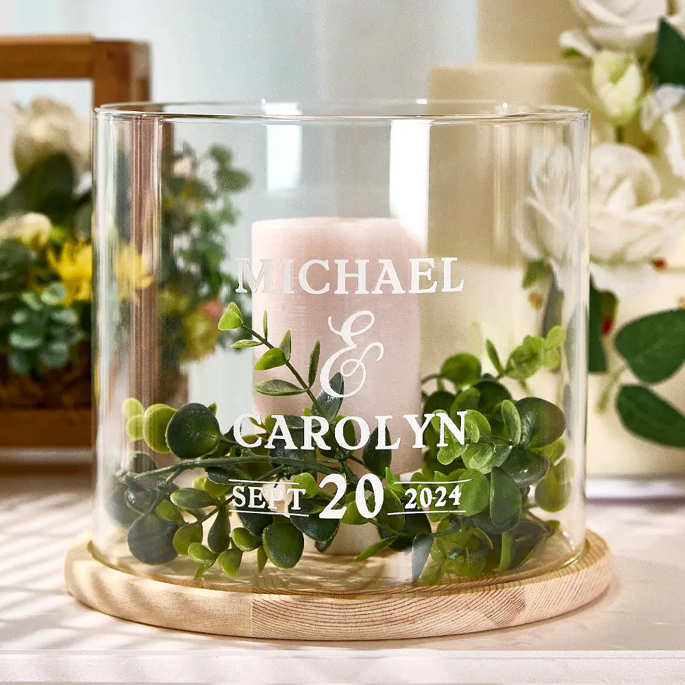 Personalized Wedding Hurricane with Wood Base Candle Holder Wedding ...
